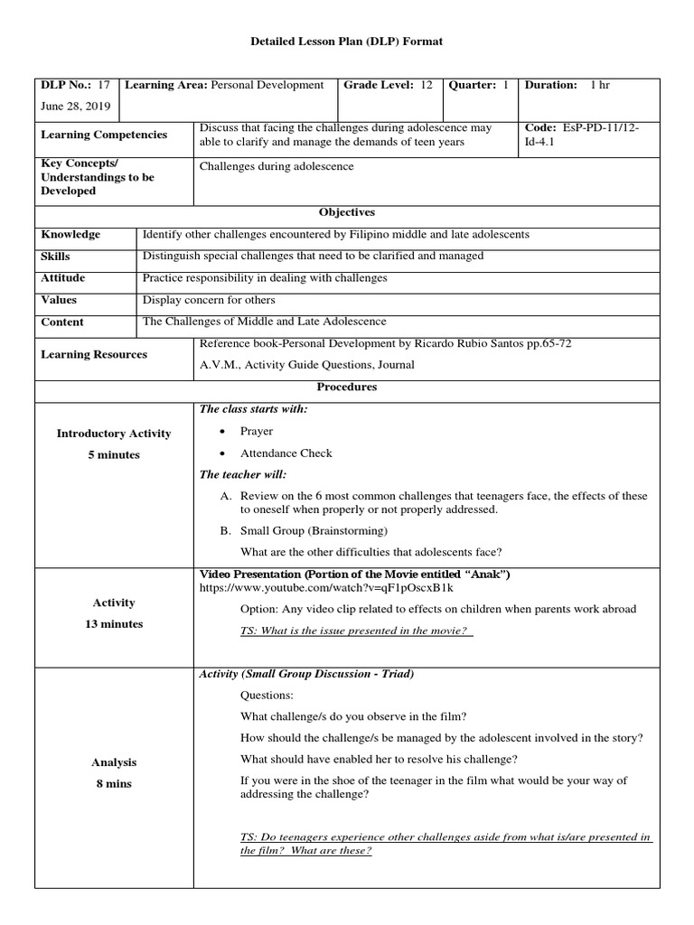DLP 17 | PDF | Adolescence | Lesson Plan