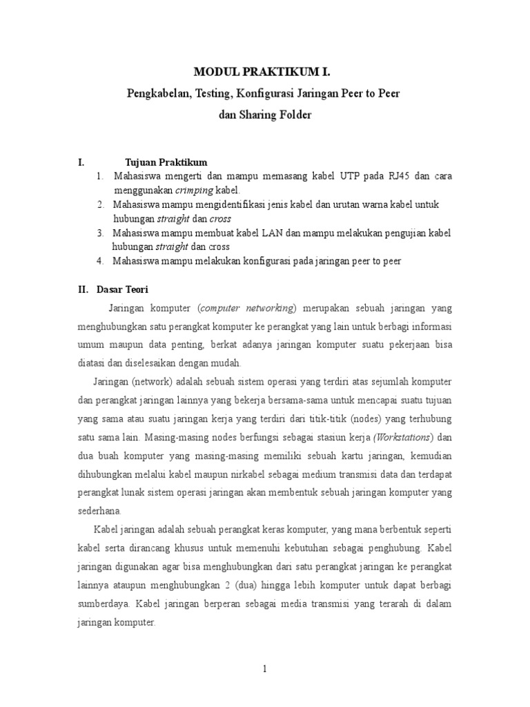 Modul 1 Jaringan Komputer Pengkabelan, Koneksi Peer To Peer Dan Sharing ...