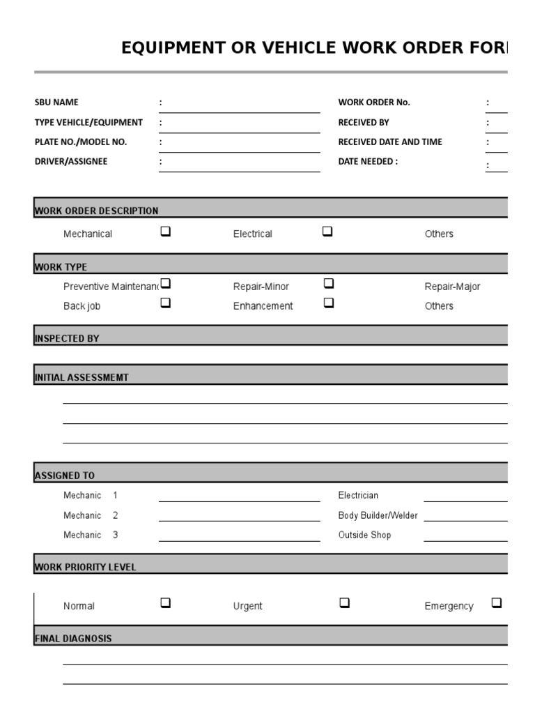 Vehicle and Equipment Work Order Form | PDF | Technology & Engineering