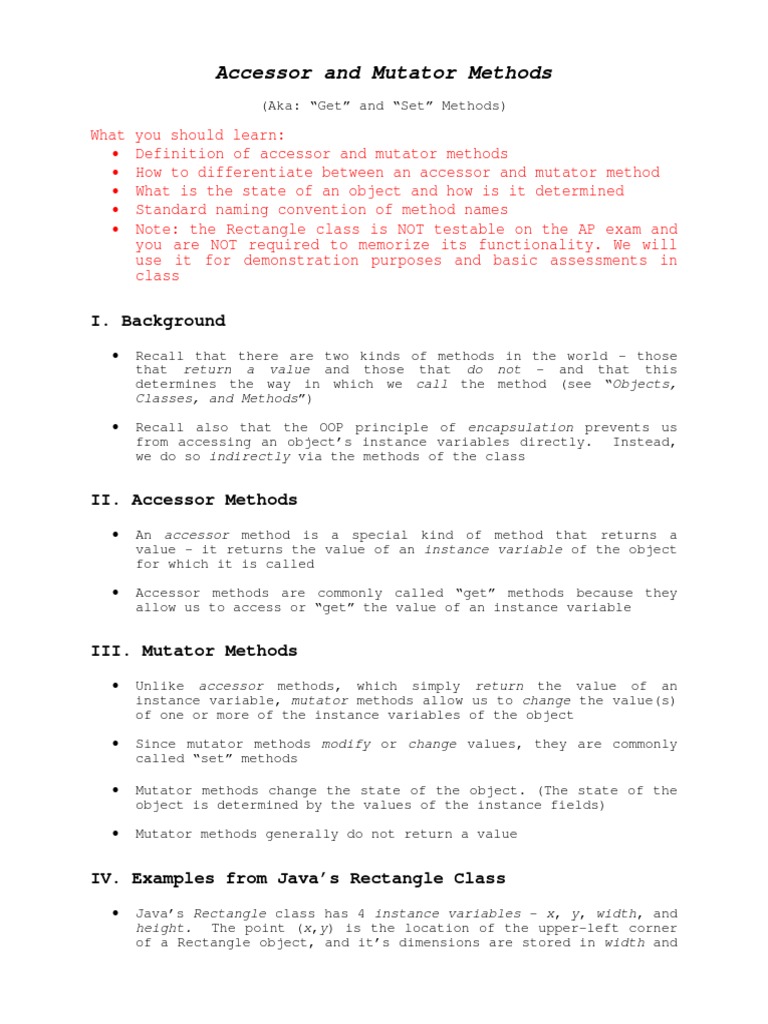 Accessor And Mutator Methods Pdf Method Computer Programming Object Oriented Programming