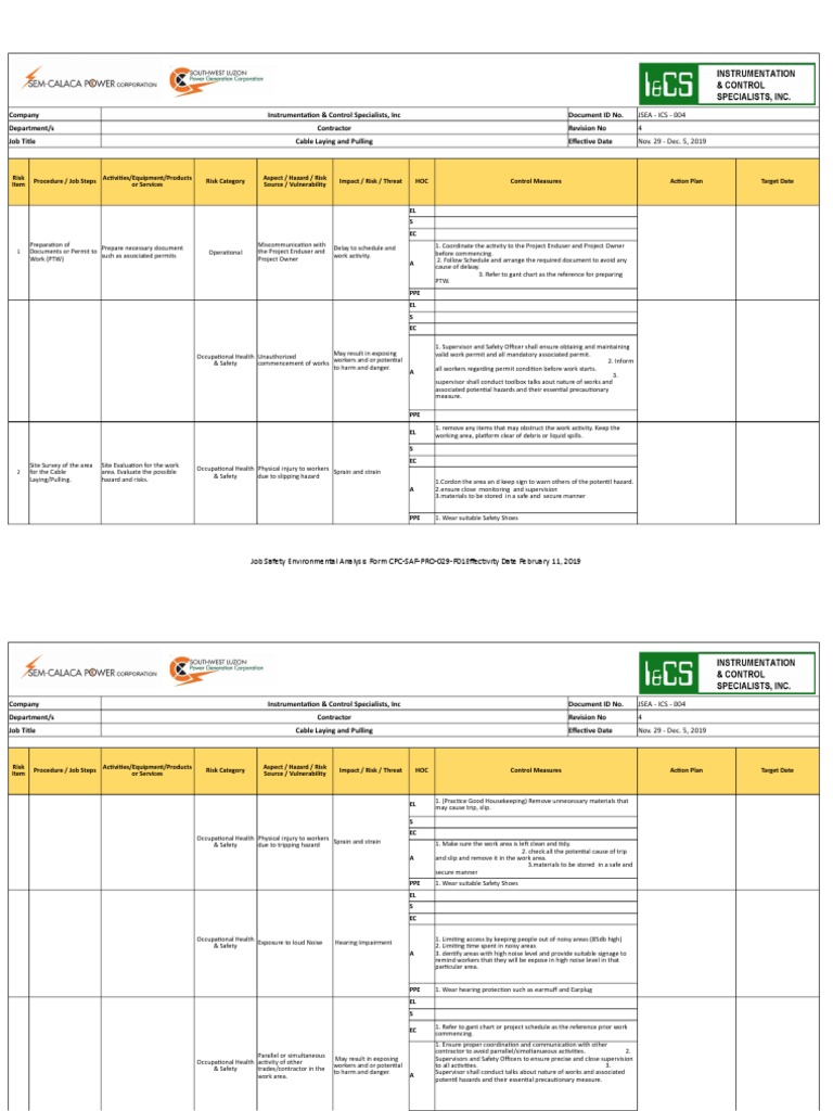 JSEA-ICS-004 Cable Laying and Pulling | PDF | Personal Protective ...
