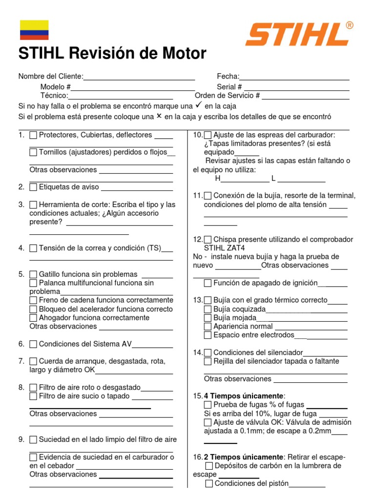 Formato de Revision de Motor STIHL | PDF | Carburador | Acelerador