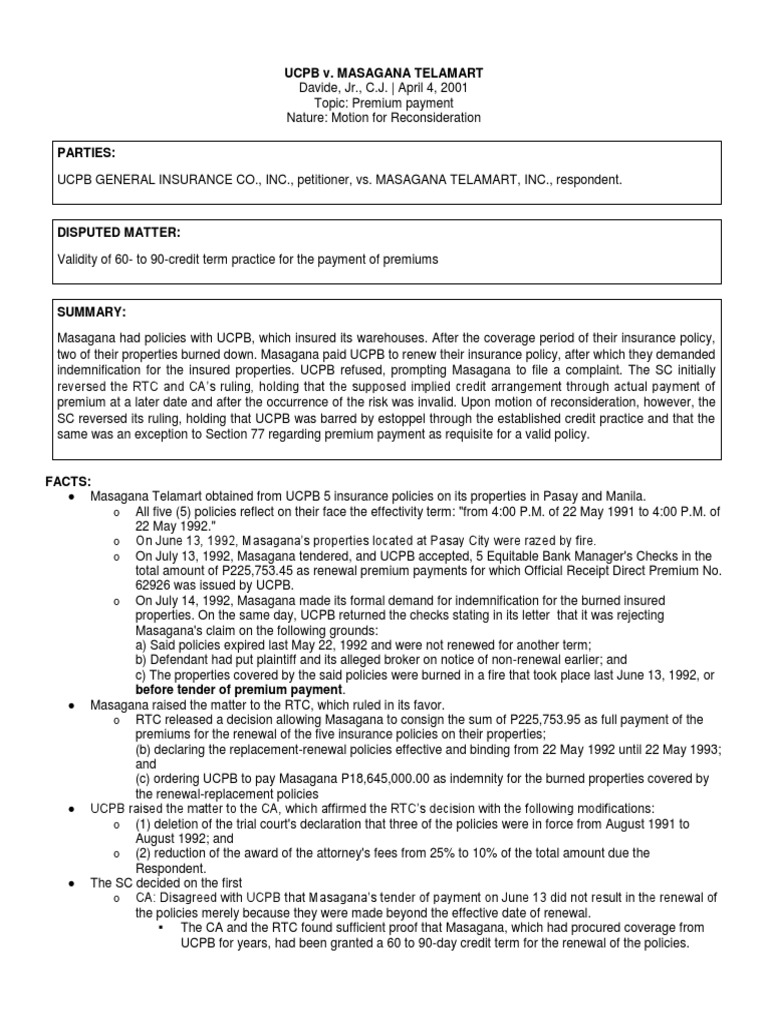 UCPB v. Masagana Telamart: Insurance Premium Dispute | PDF | Insurance ...