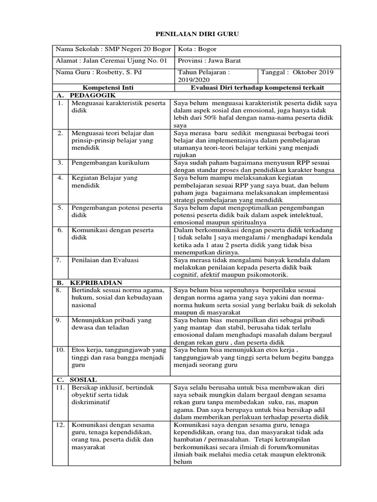 Contoh Pengisian Evaluasi Diri Guru Untuk Pengembangan Keprofesian Berkelanjutan | PDF | Karier ...