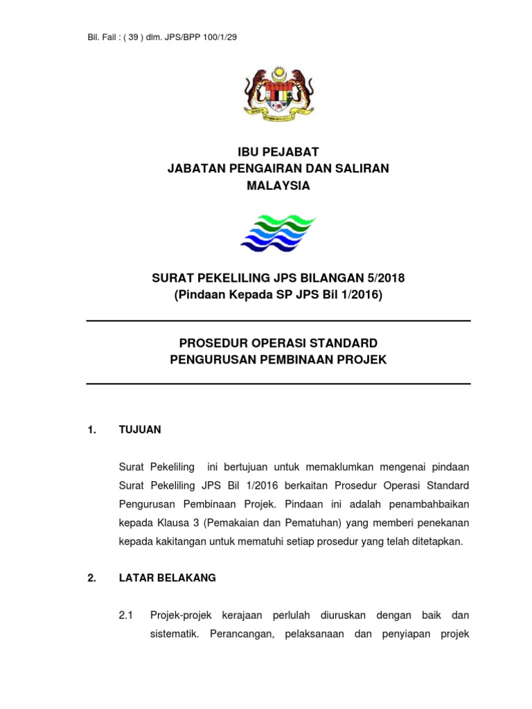 Surat Pekeliling JPS Bil.5 2018 SOP Pengurusan Pembinaan Projek (Pindaan 1) PDF | PDF