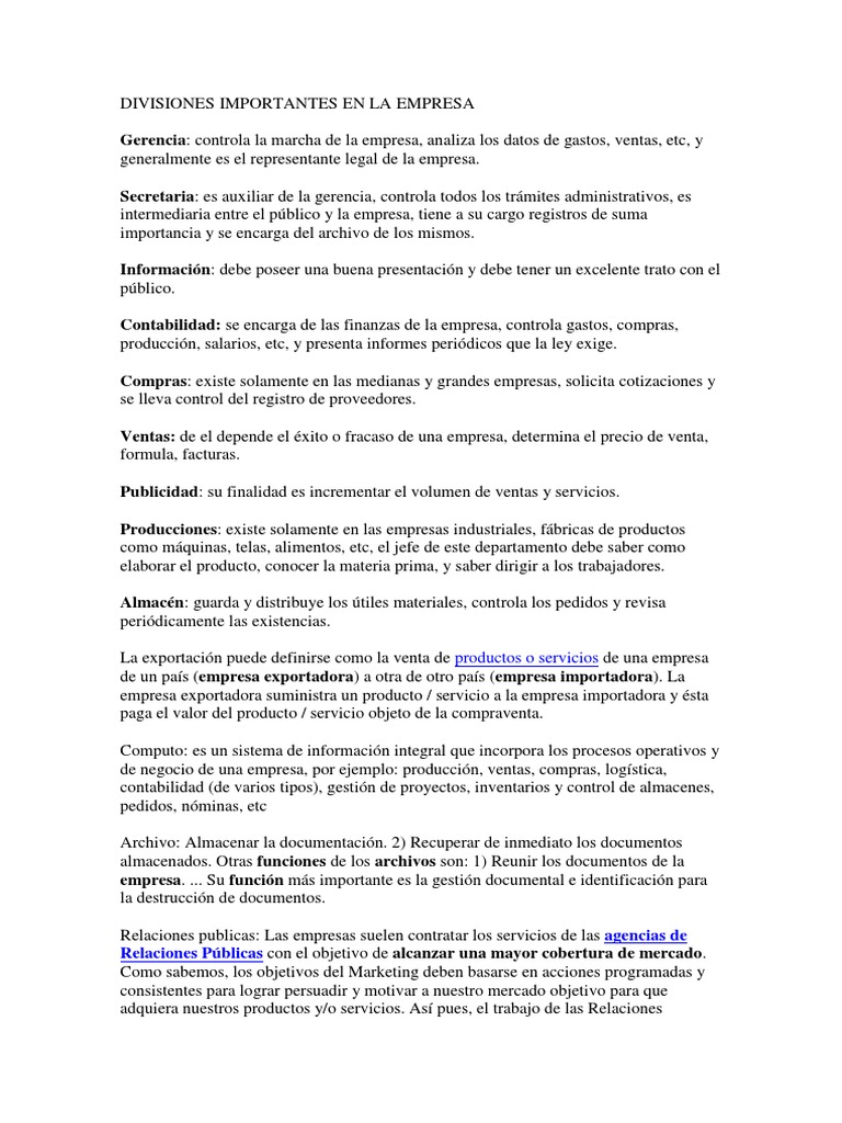Divisiones Importantes en La Empresa | PDF | Relaciones públicas ...