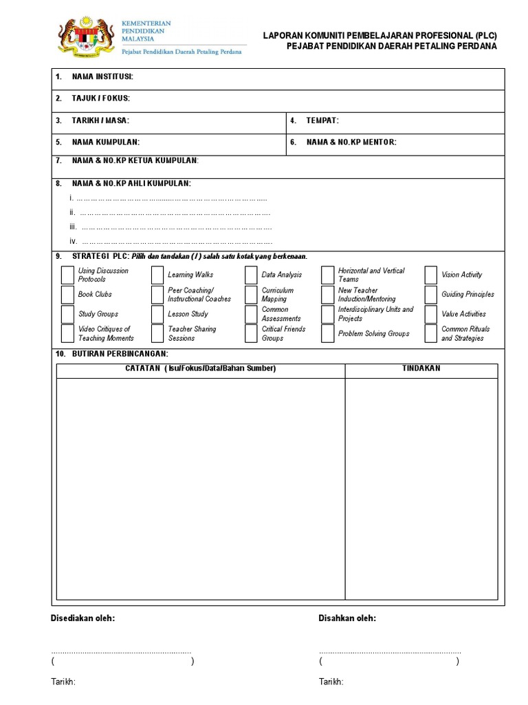 Borang Pelaporan Pelaksanaan PLC | PDF