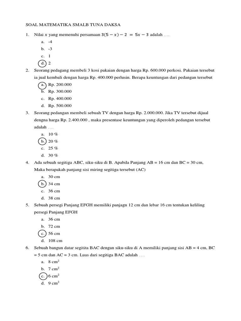 Soal Matematika Smalb Tuna Daksa | PDF | Metode & Bahan Ajar