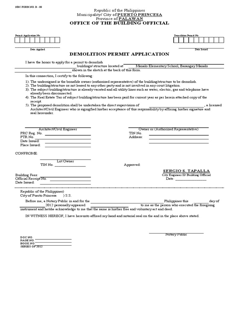 11c - NBC Form No - B-08 - Demolition Permit Form (Front) | PDF ...