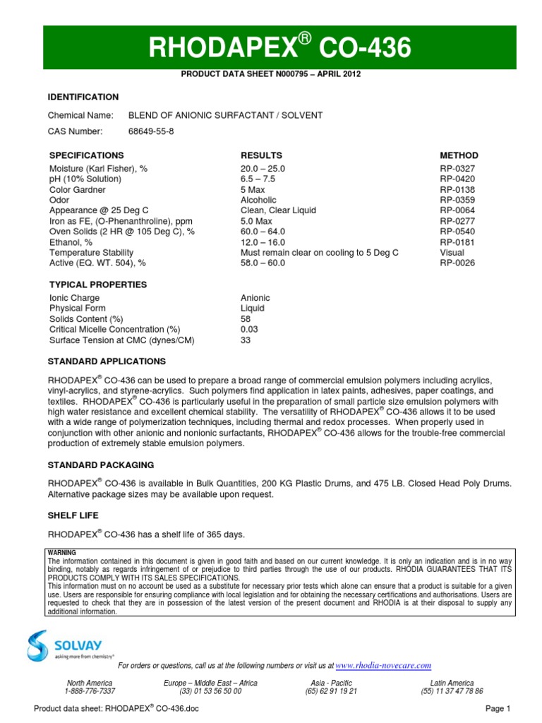 Rhodia - TDS - RHODAPEX CO 436 - EN PDF | PDF | Chemistry | Materials