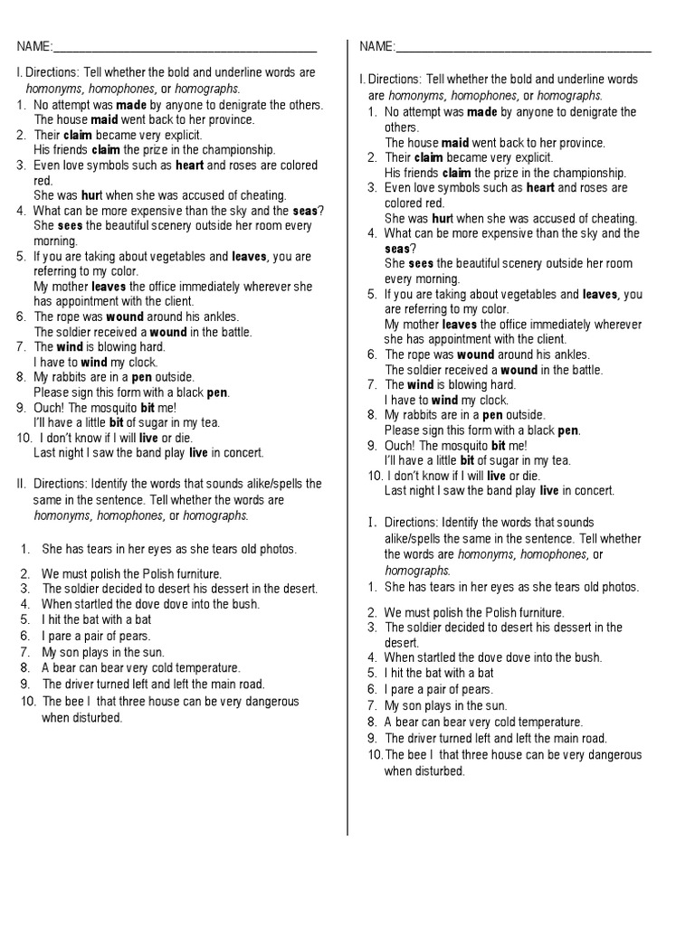 Homonyms and Their Usage Worksheets | PDF | Lexicology | Lexical Semantics