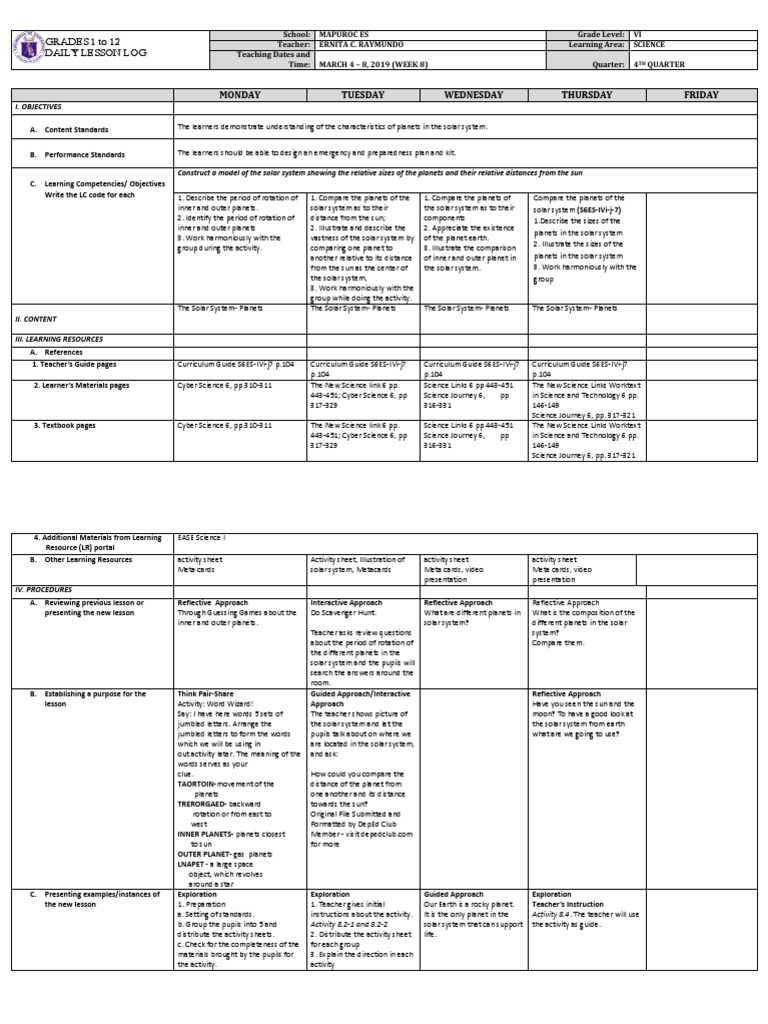 DLL - Science 6 - Q4 - W8 | PDF