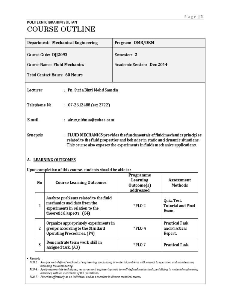 Fluid Mechanics Course Outline: Mechanical Engineering Program ...