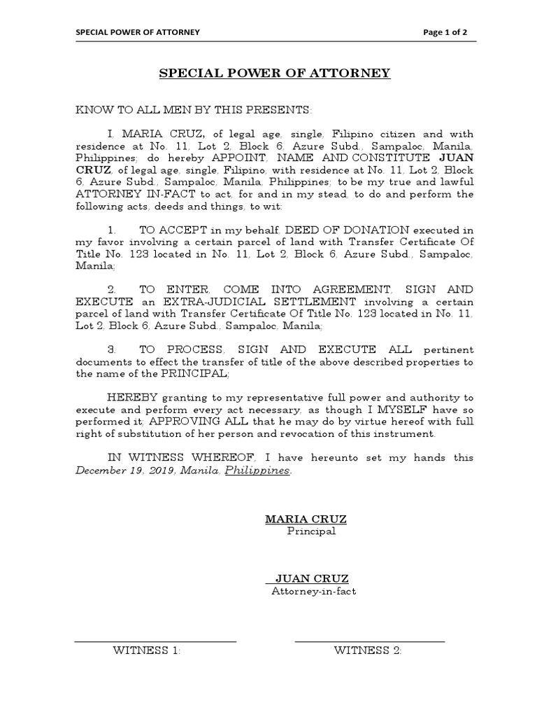 SPA - Extra Judicial - Donation | PDF | Power Of Attorney | Notary Public