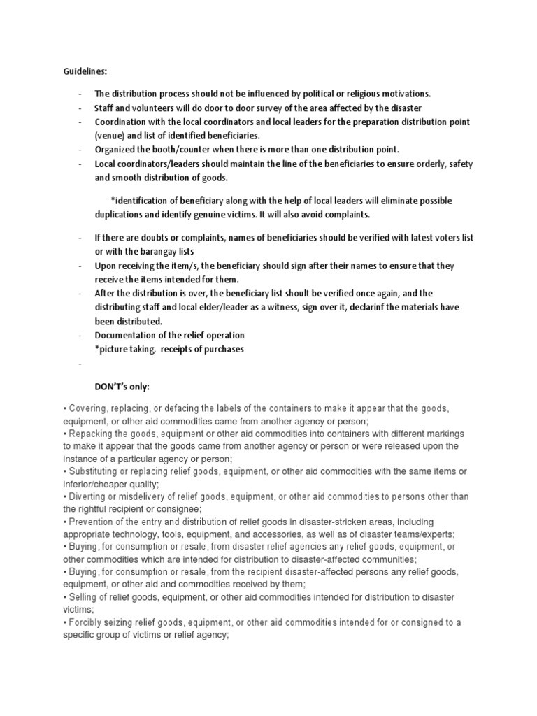 Guidelines... - Actual Distribution of Relief Goods | PDF | Public ...