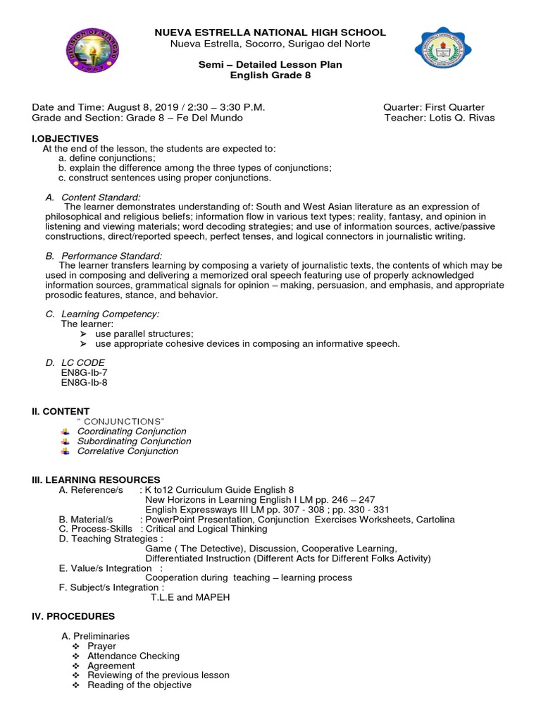 Lesson Plan (Conjunction) For COT | PDF | Linguistics | Linguistic Typology