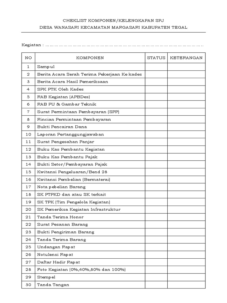 Cheklist Komponen Kelengkapan SPJ | PDF