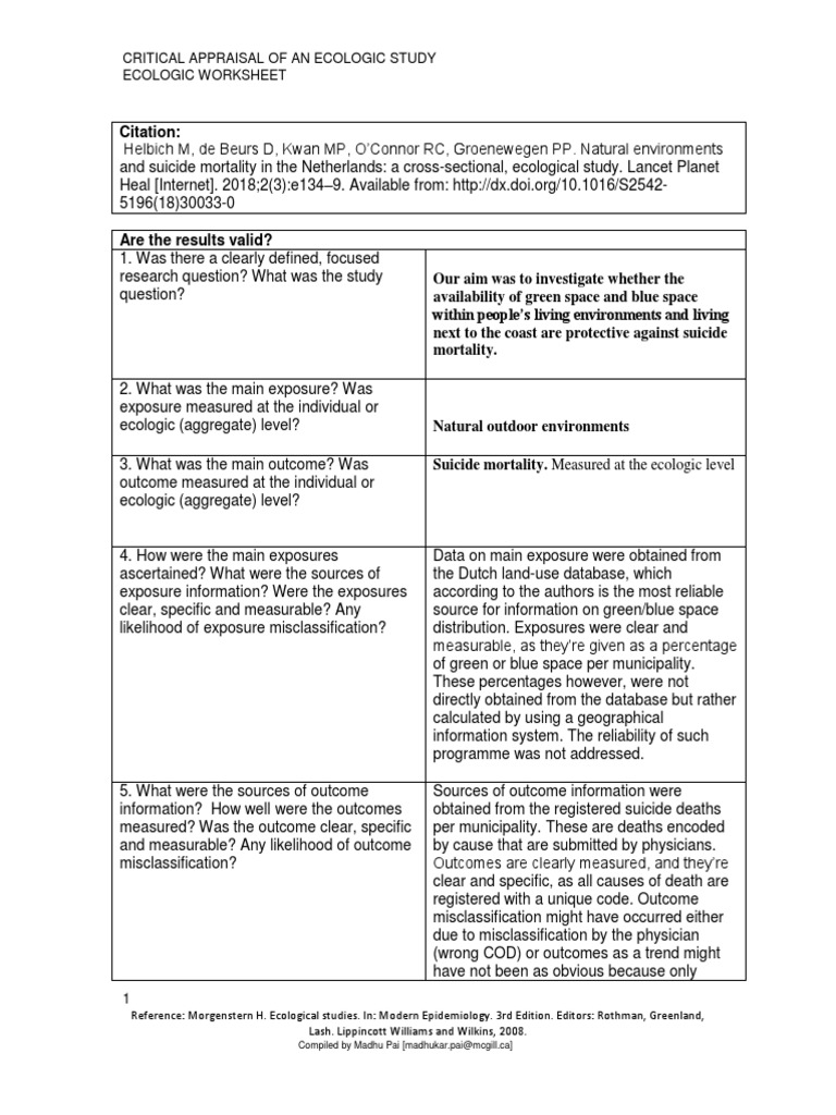 Ecologic Study Worksheet | PDF | Confounding | Data Analysis