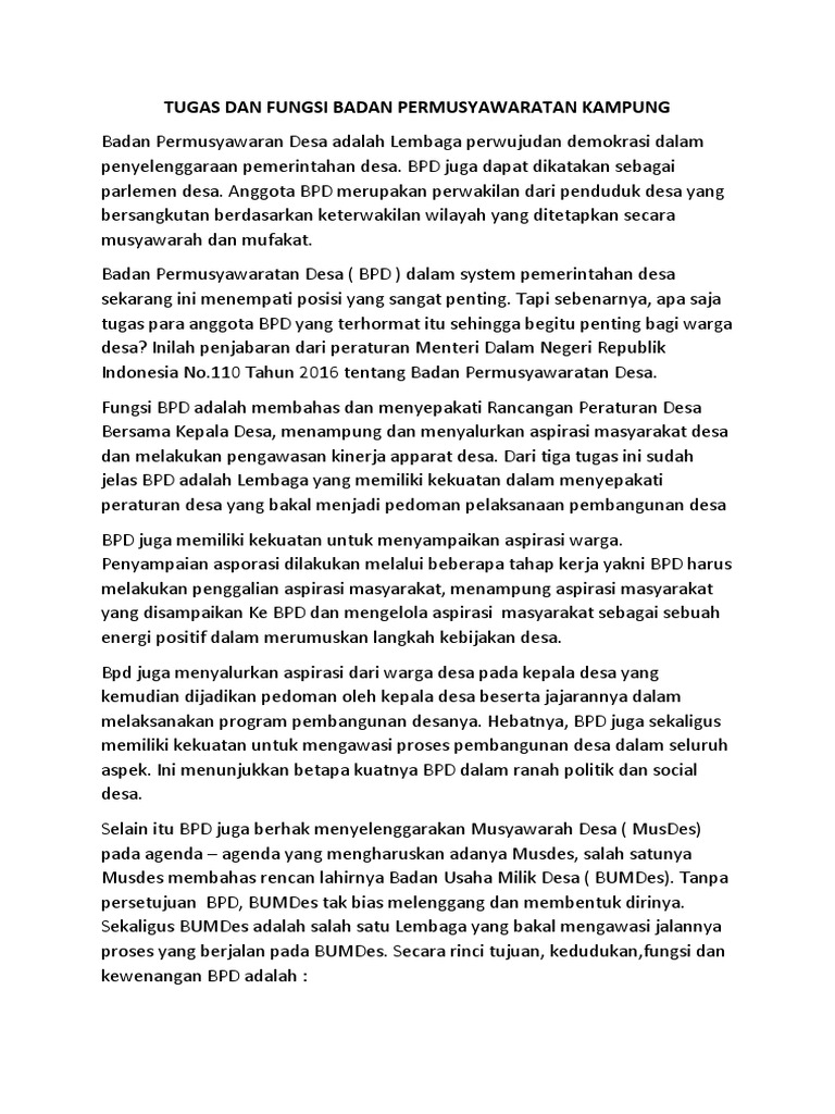 Tugas Dan Fungsi Badan Permusyawaratan Kampung | PDF Tugas Dan Fungsi Badan Permusyawaratan Kampung | PDF