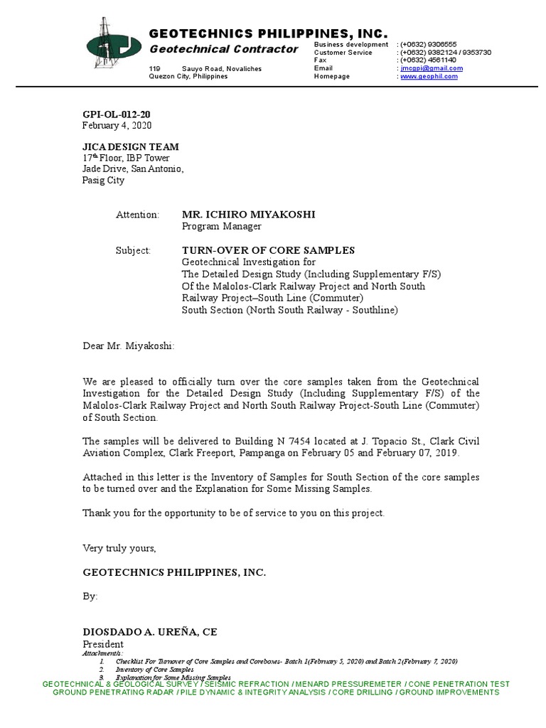 Transmital Letter of Core Samples - JDT (South) | PDF | Geotechnical ...