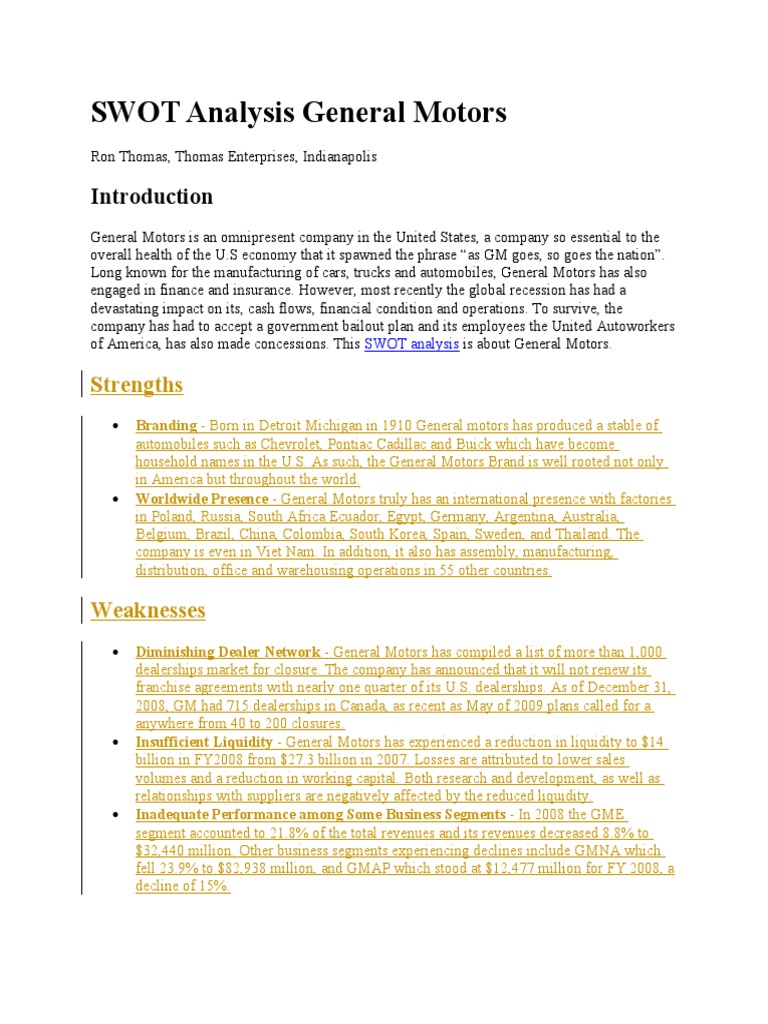SWOT Analysis General Motors | PDF | General Motors | Hybrid Electric ...