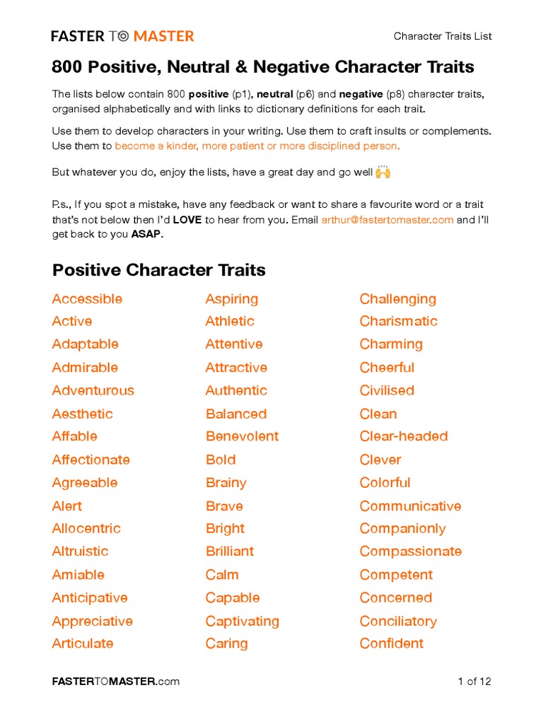 Comprehensive Character Traits List | PDF | Psychological Concepts ...