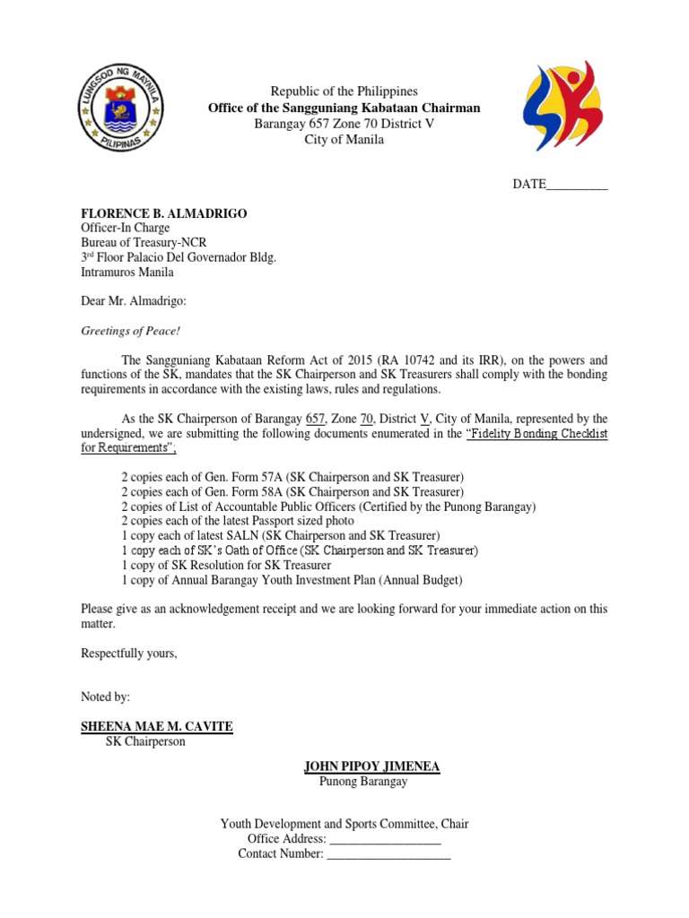 Letter For Checklist Fidelity Bonding BOT NCR | PDF | Finance & Money ...