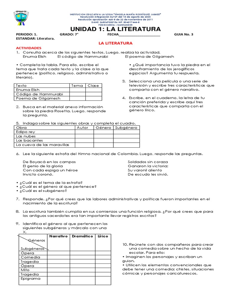 Actividades de Literatura para 7° Grado | PDF | Ficción general