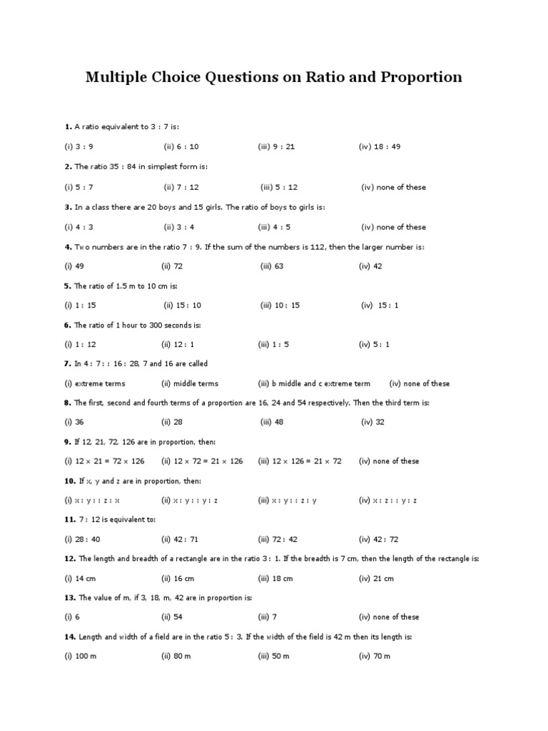 Multiple Choice Questions On Ratio and Proportion | PDF