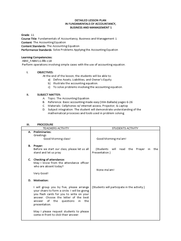 Accounting Equation Lesson Plan | PDF | Equity (Finance) | Liability ...