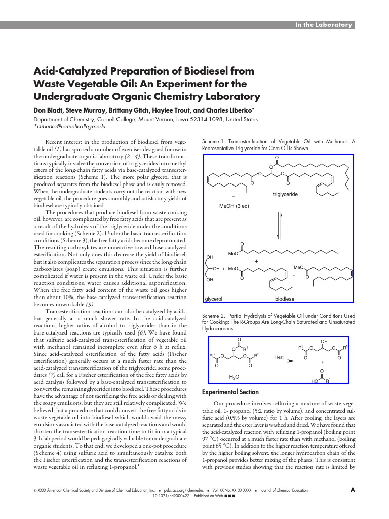 Acid-Catalyzed Preparation of Biodiesel From Waste Vegetable Oil | PDF ...
