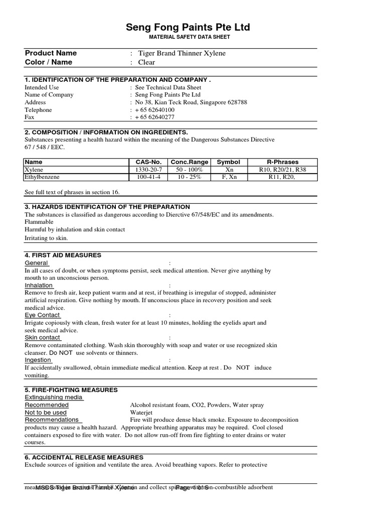 Tiger Xylene MSDS | PDF | Ventilation (Architecture) | Firefighting