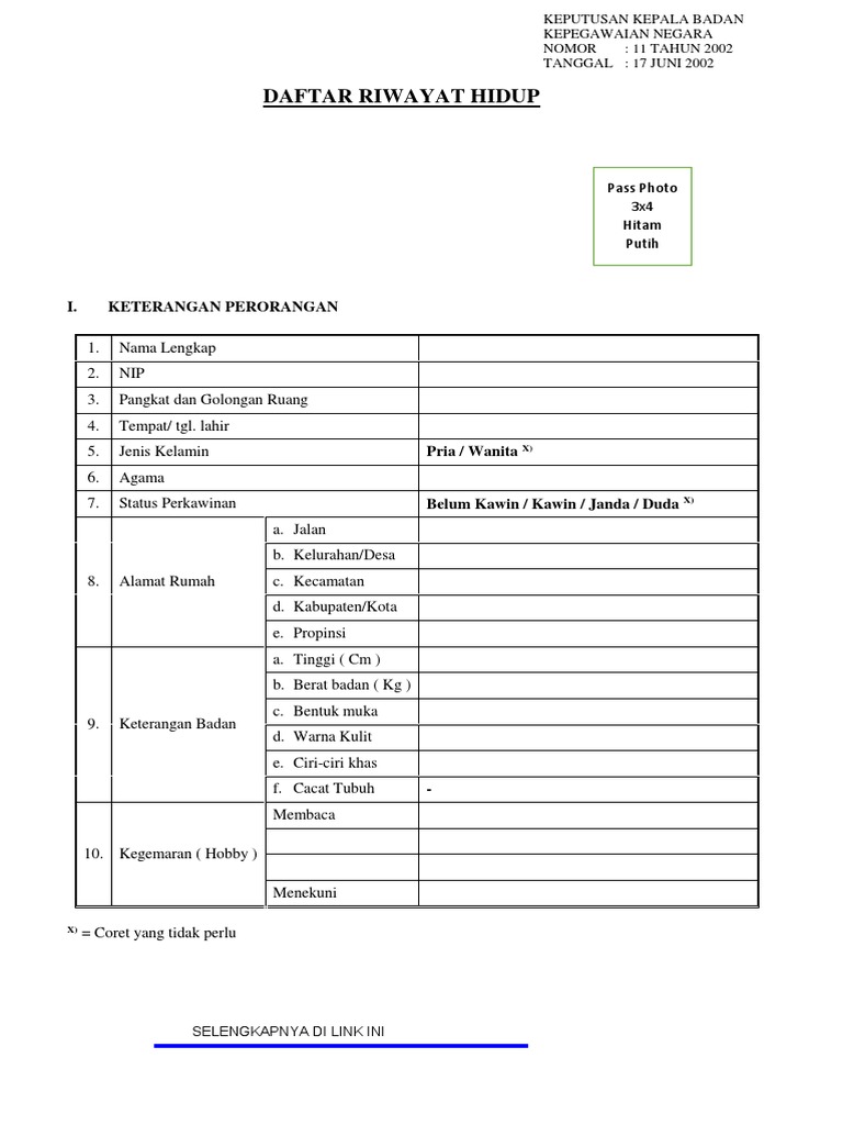 Format Daftar Riwayat Hidup CPNS PNS Asn PDF | PDF