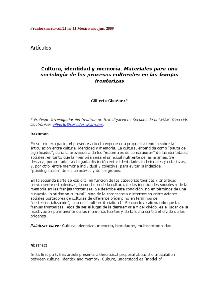 Cultura, Identidad y Memoria - Gilberto Giménez PDF | PDF | Ciencias sociales | Filosofía