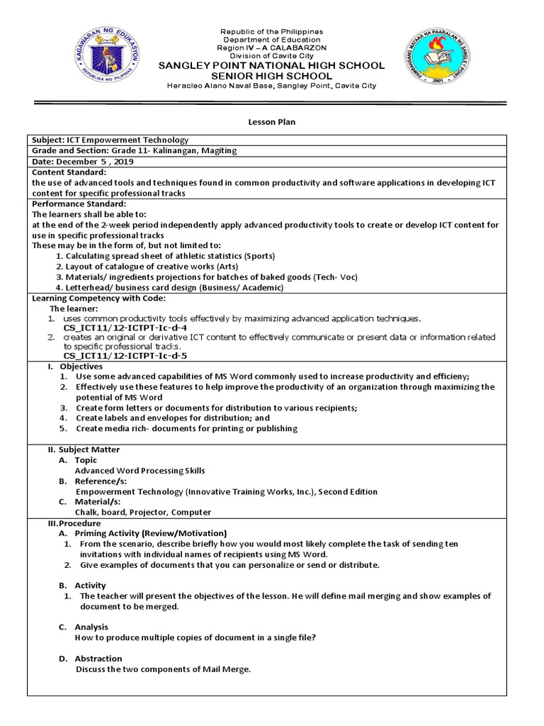 Advanced Word Processing Lesson Plan | PDF | Document | Educational ...