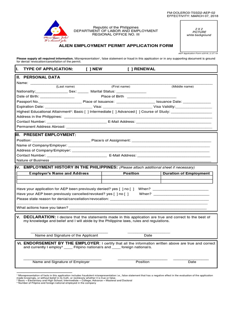 Alien Employment Permit Application Form | PDF | Travel Visa ...