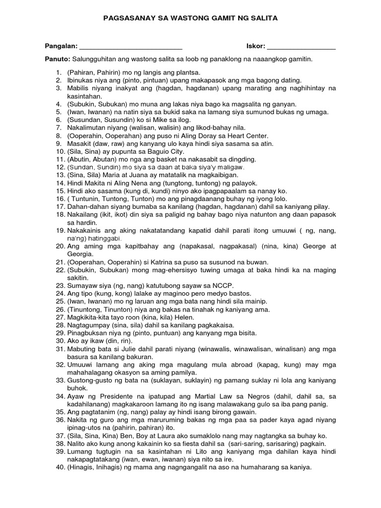 Pagsasanay Sa Wastong Gamit NG Salita | PDF