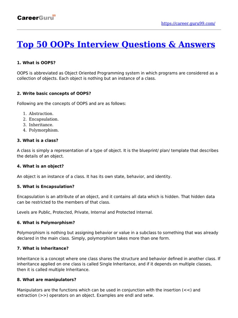 Top 50 Oops Interview Questions And Answers Pdf Method Computer Programming Class