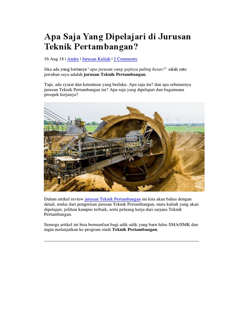 Apa Saja Yang Dipelajari Di Jurusan Teknik Pertambangan | PDF