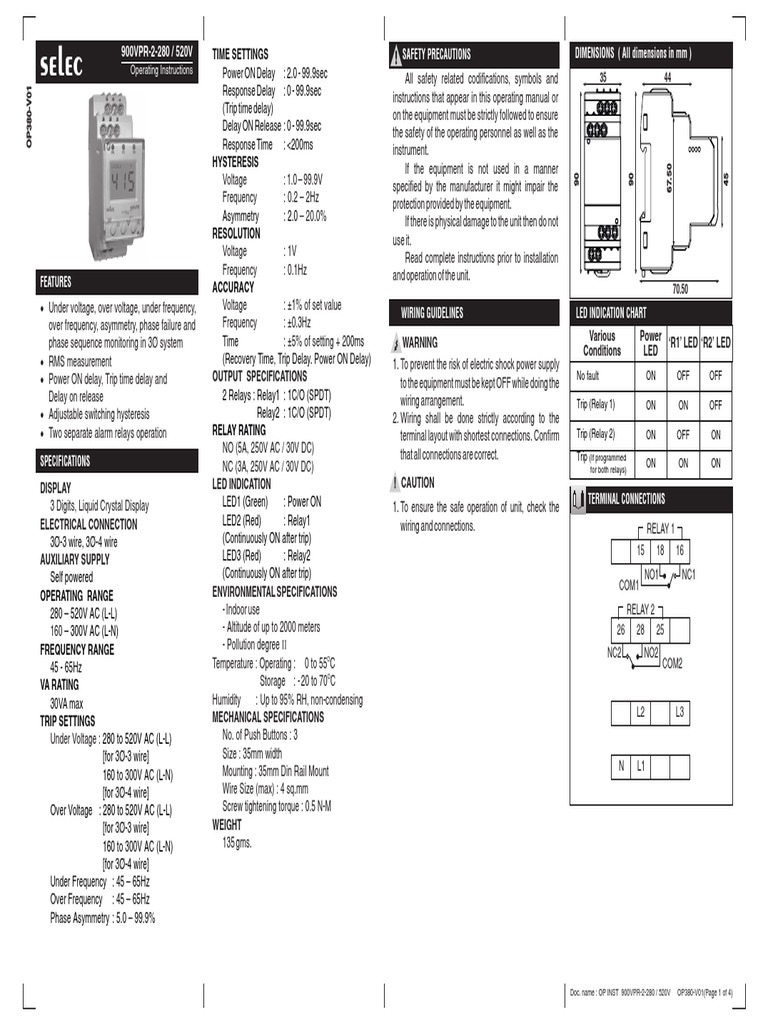 Selec - 900VPR 2 280 520V - Op380 V0... Op PDF | PDF | Relay | Switch