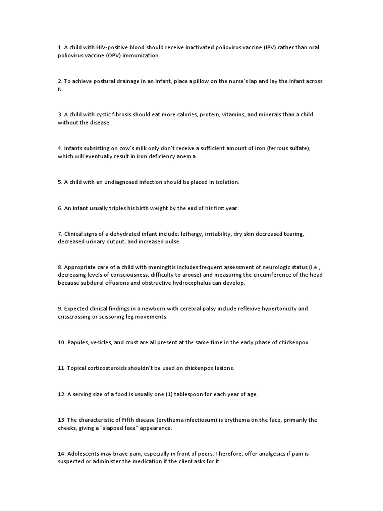 Pediatric Nursing Review Bullets | PDF | Infants | Diseases And Disorders