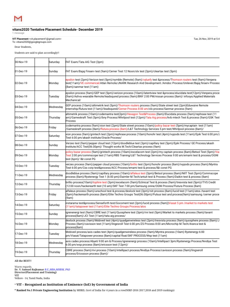 Gmail - Vitans2020 Tentative Placement Schedule - December 2019 | PDF ...