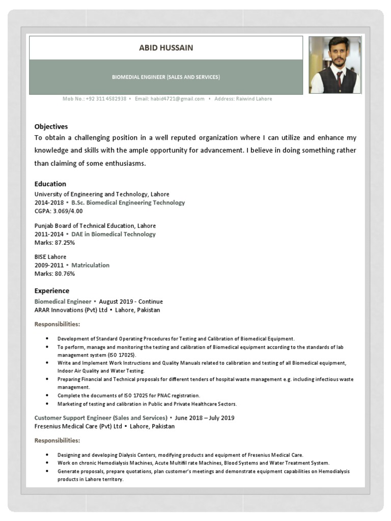 Abid Hussain (CV) | PDF | Biomedical Engineering | Hemodialysis