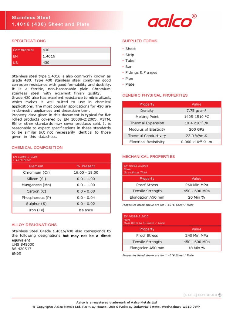Aalco Metals LTD - Stainless Steel 14016 430 Sheet and Plate - 95 | PDF ...