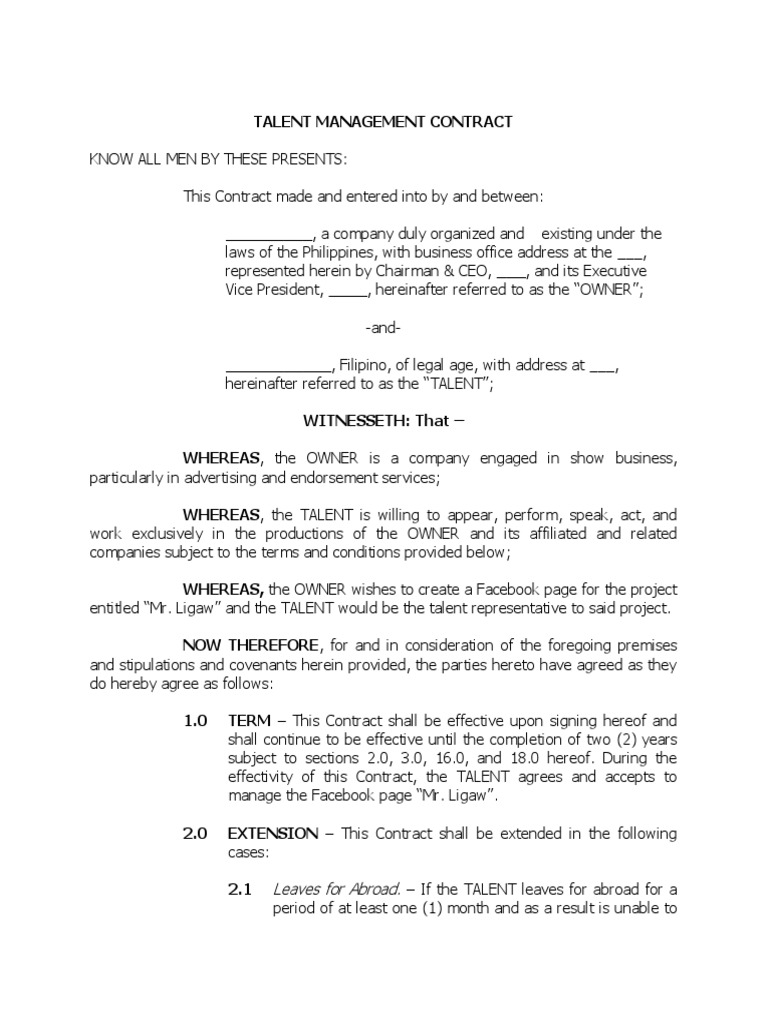 Sample Talent Management Contract | PDF | Private Law | Virtue