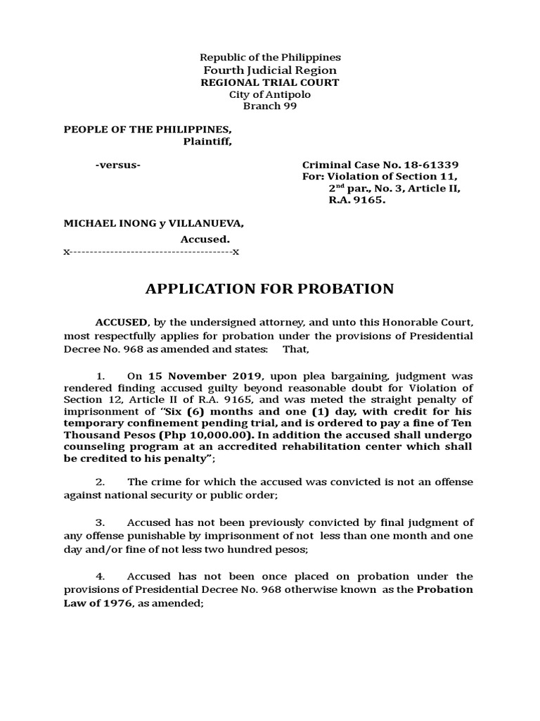 Application for Probation in R.A. 9165 Case | PDF | Law