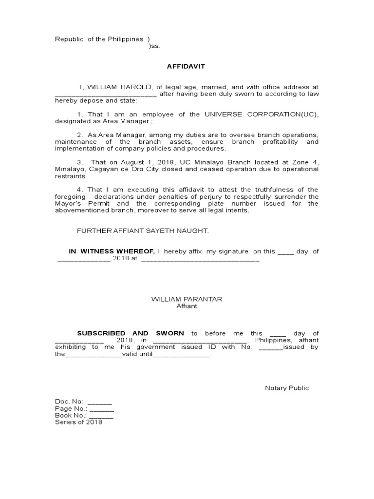 Affidavit of Branch Closure for UC | PDF | Business | Finance & Money ...