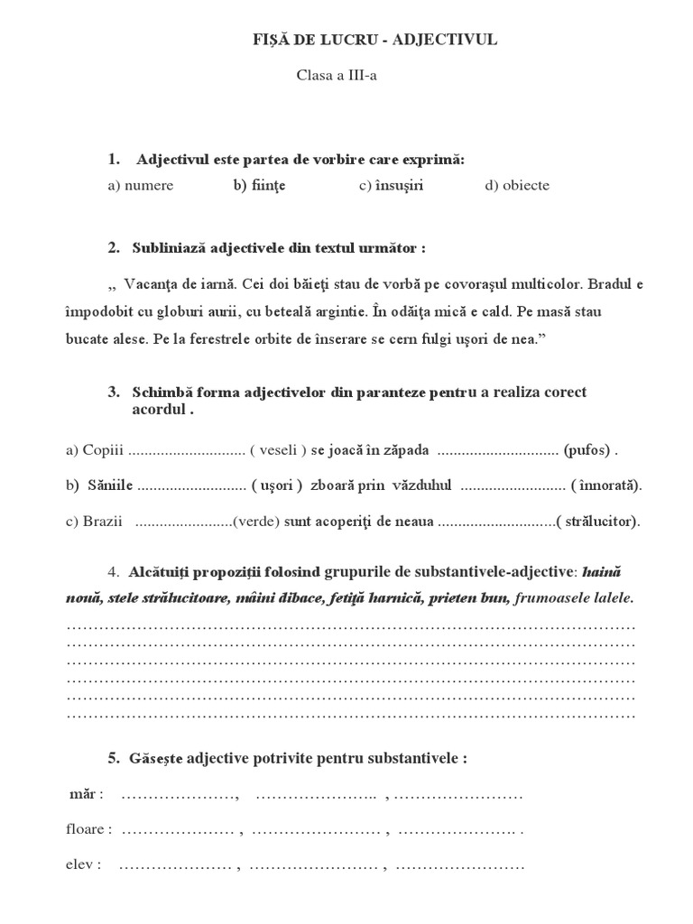 Fisa de Lucru Adjectivul | PDF