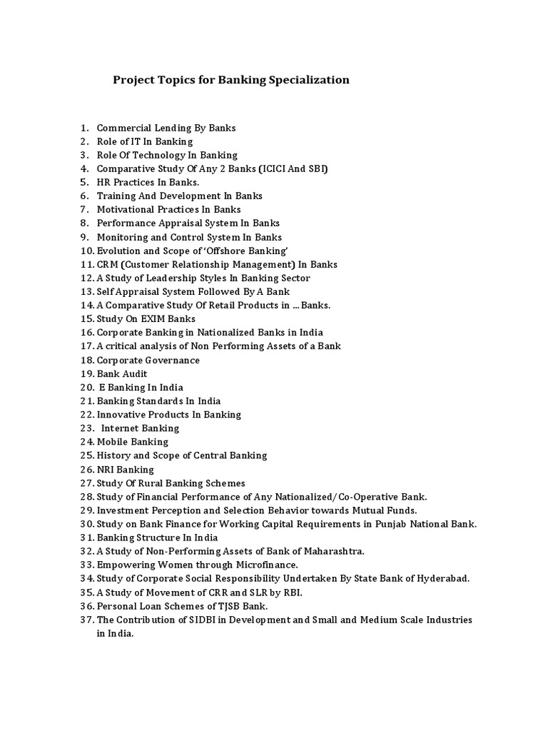 MCOM Project Topics For Banking Specialization PDF PDF