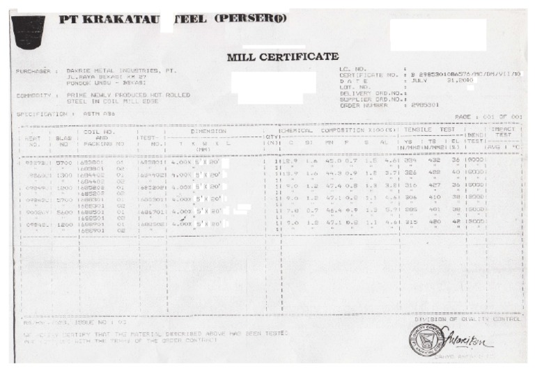 Contoh Mill Sheet | PDF